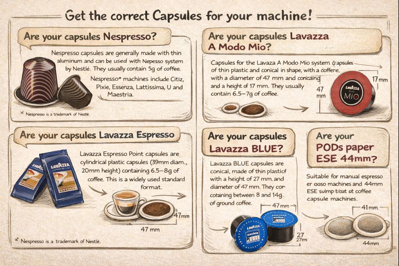 Capsules for Nespresso, Lavazza, Caffitaly, Dolce Gusto and BLUE